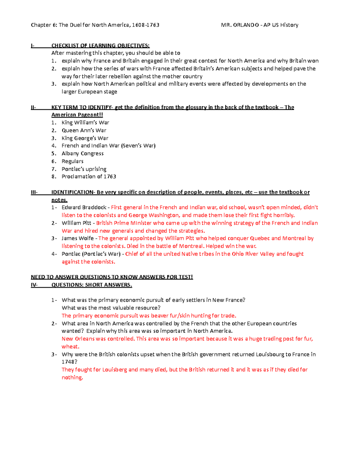 AP US History Study Guide: Chapter 6 - The Duel for North America - Studocu