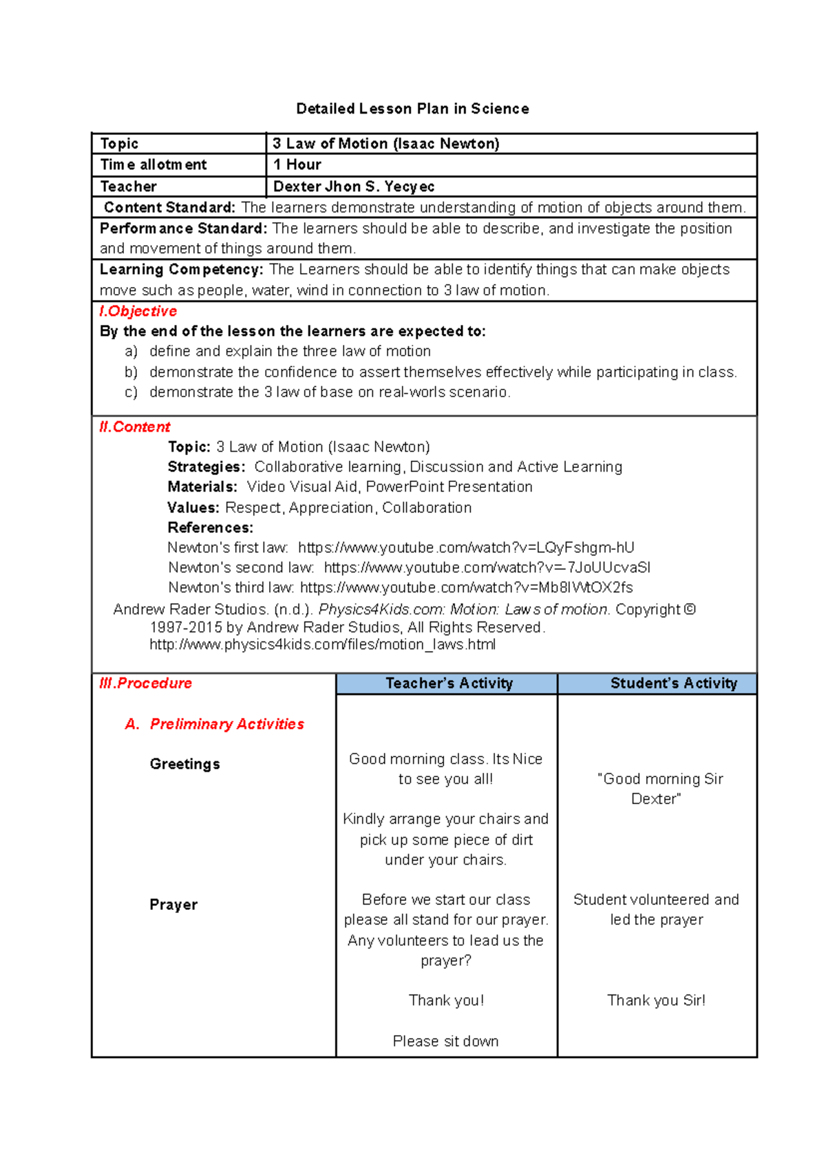 Detailed Lesson Plan on Newton's Laws of Motion (Science) - Studocu