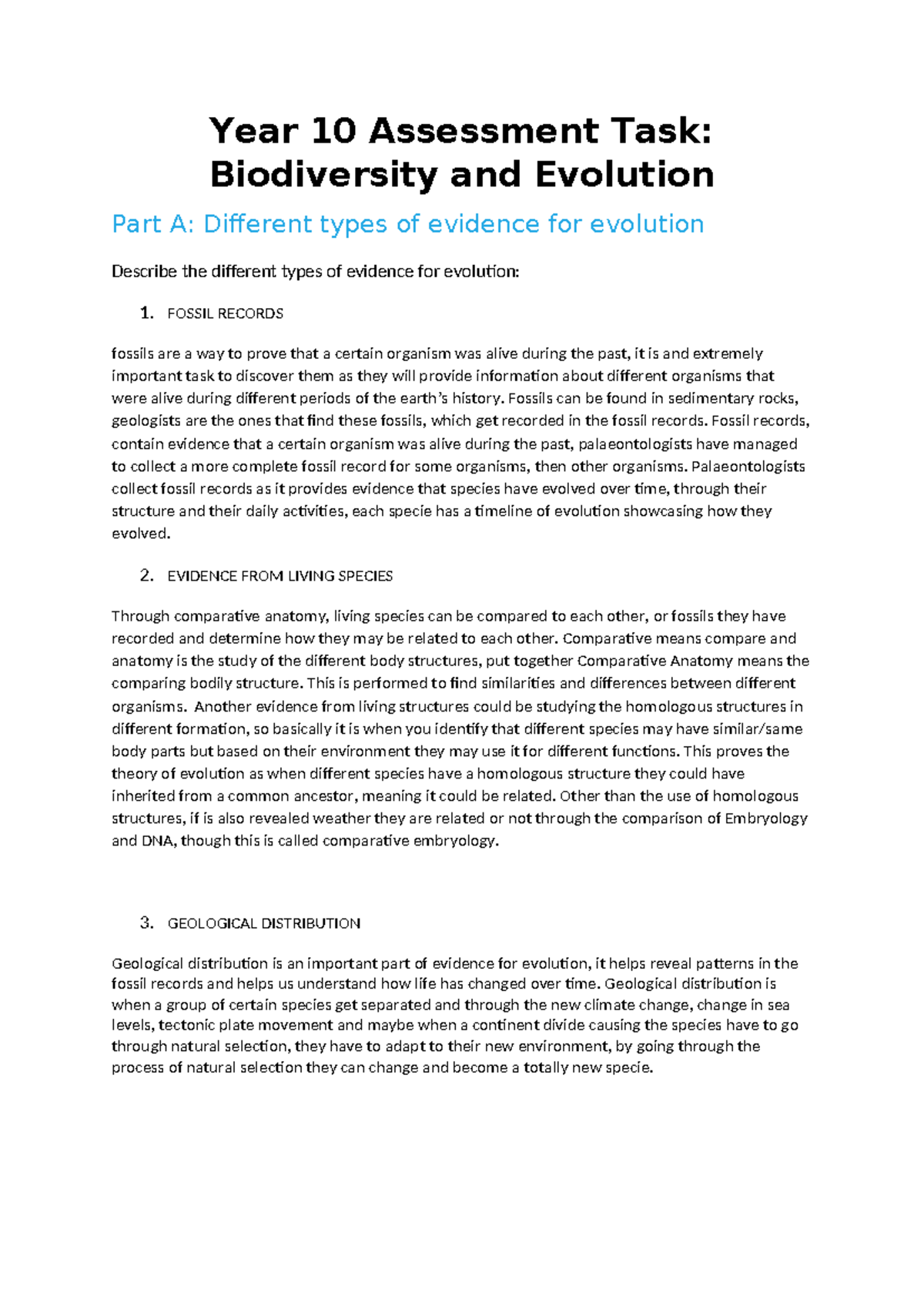 Year 10 Biology Assessment: Evidence for Evolution - Fossils & Living ...