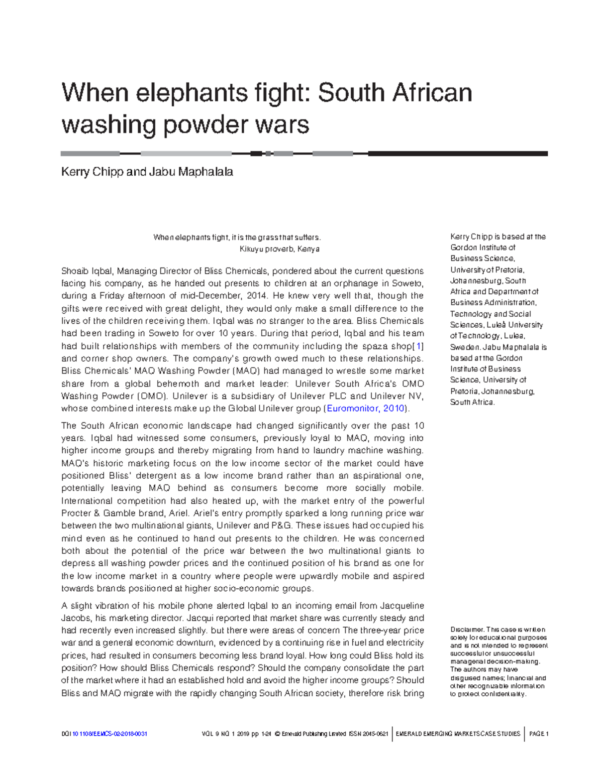 10-1108 Case Study: The Washing Powder Wars in South Africa - Studocu