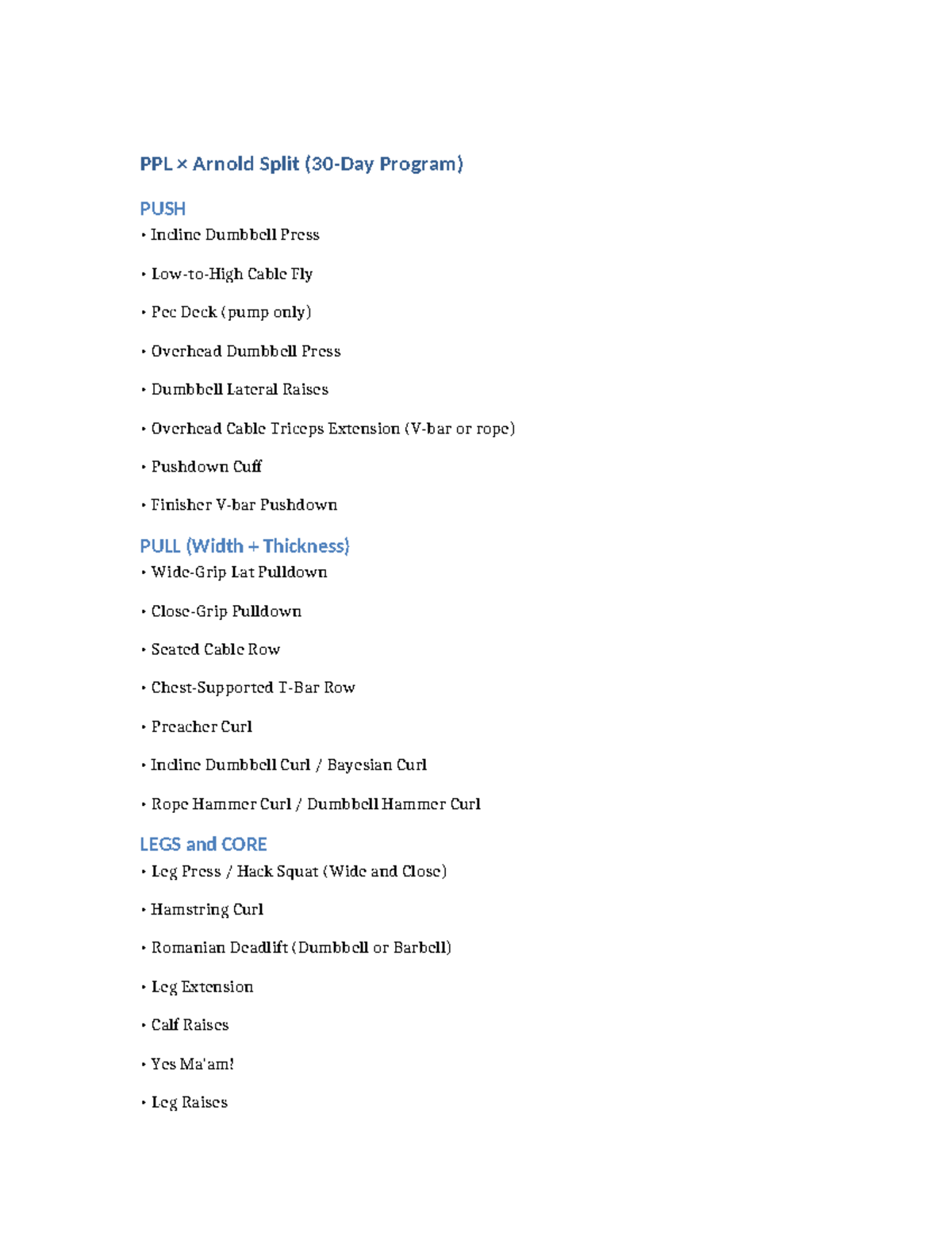 PPL Arnold Split 30 Day Workout Plan - Studocu