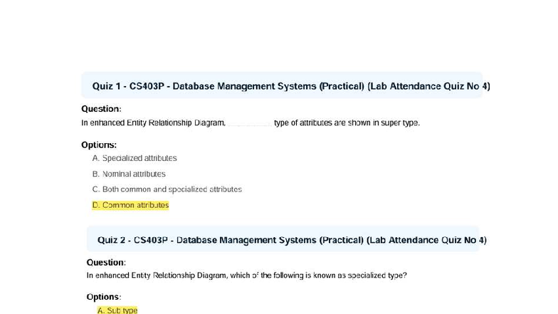 CS403P Lab Attendance Quiz No 4 - Database Management Systems - Studocu