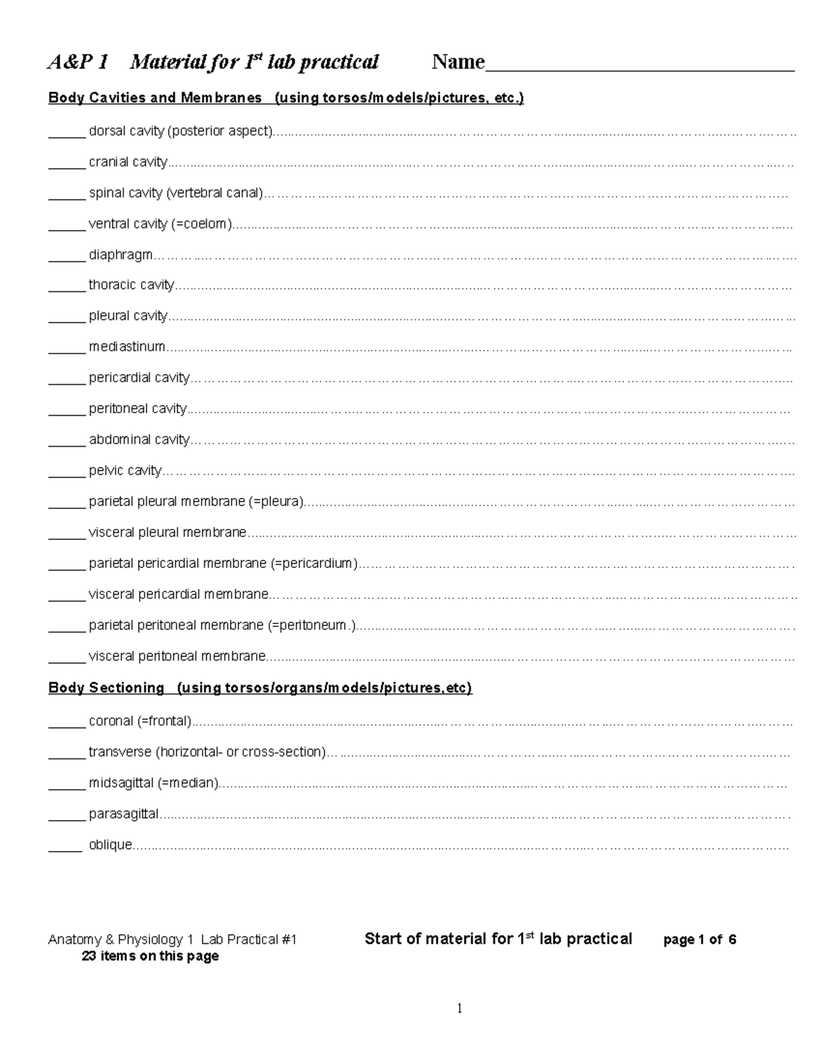 Anatomy & Physiology 1 Lab Practical: Body Cavities & Tissues - Studocu