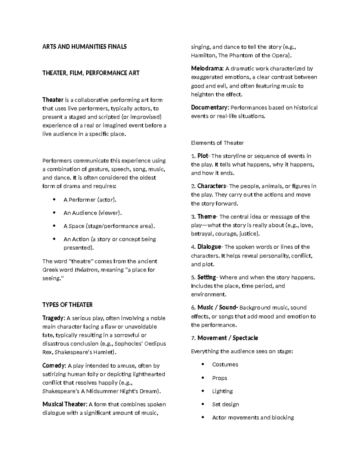 ARTS AND HUMANITIES 101: FINALS ON THEATER, FILM, AND PERFORMANCE ART ...