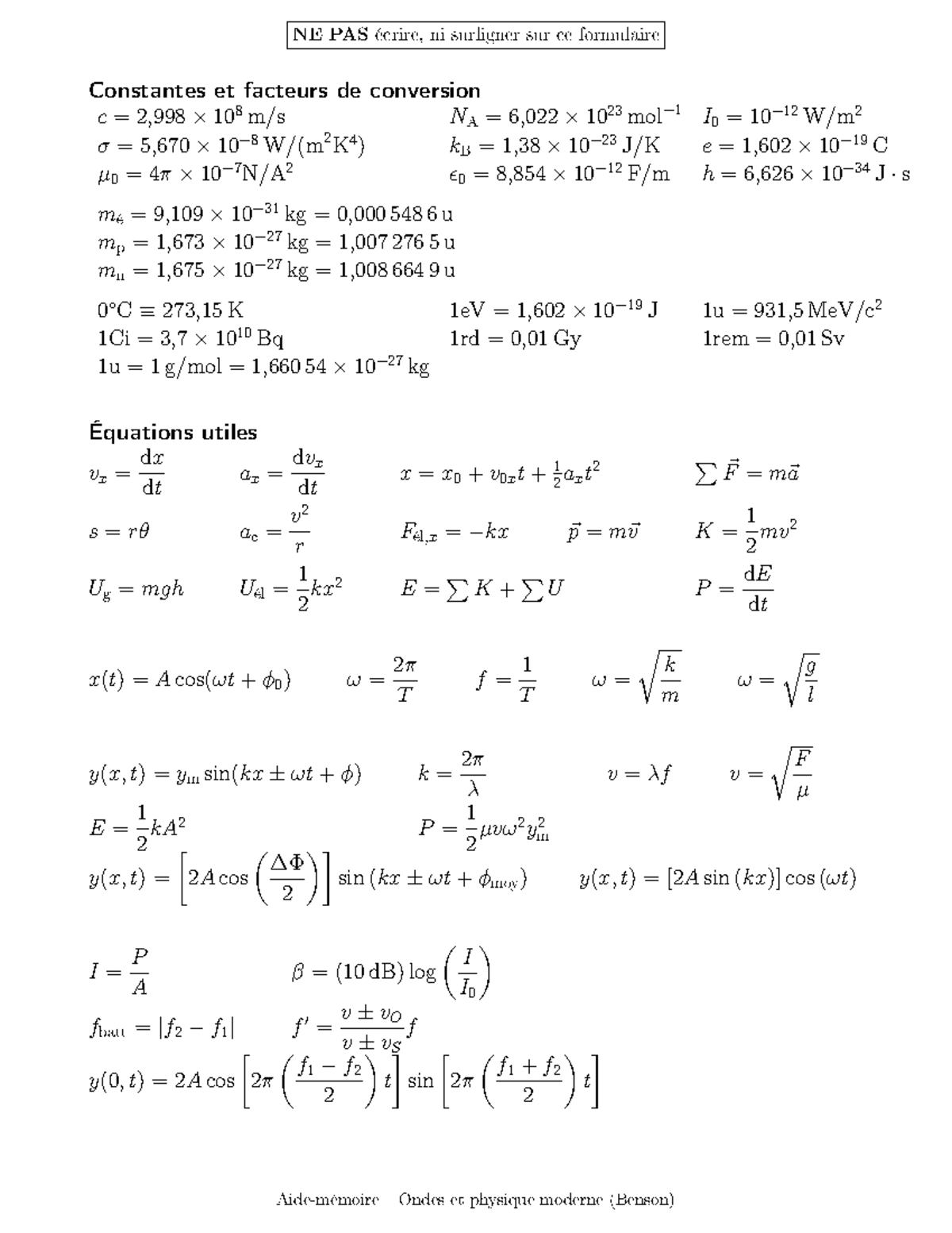 Aide-Mémoire SN3: Constantes et Facteurs de Conversion en Physique ...