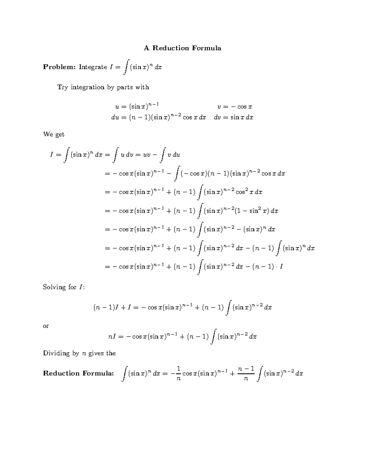 Reduction Formulae Handout: Integration Techniques and Examples - Studocu