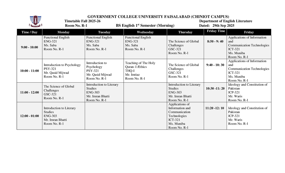 GCUF (Chiniot Campus) BS English Timetable Fall 2025 Update 3 - Studocu