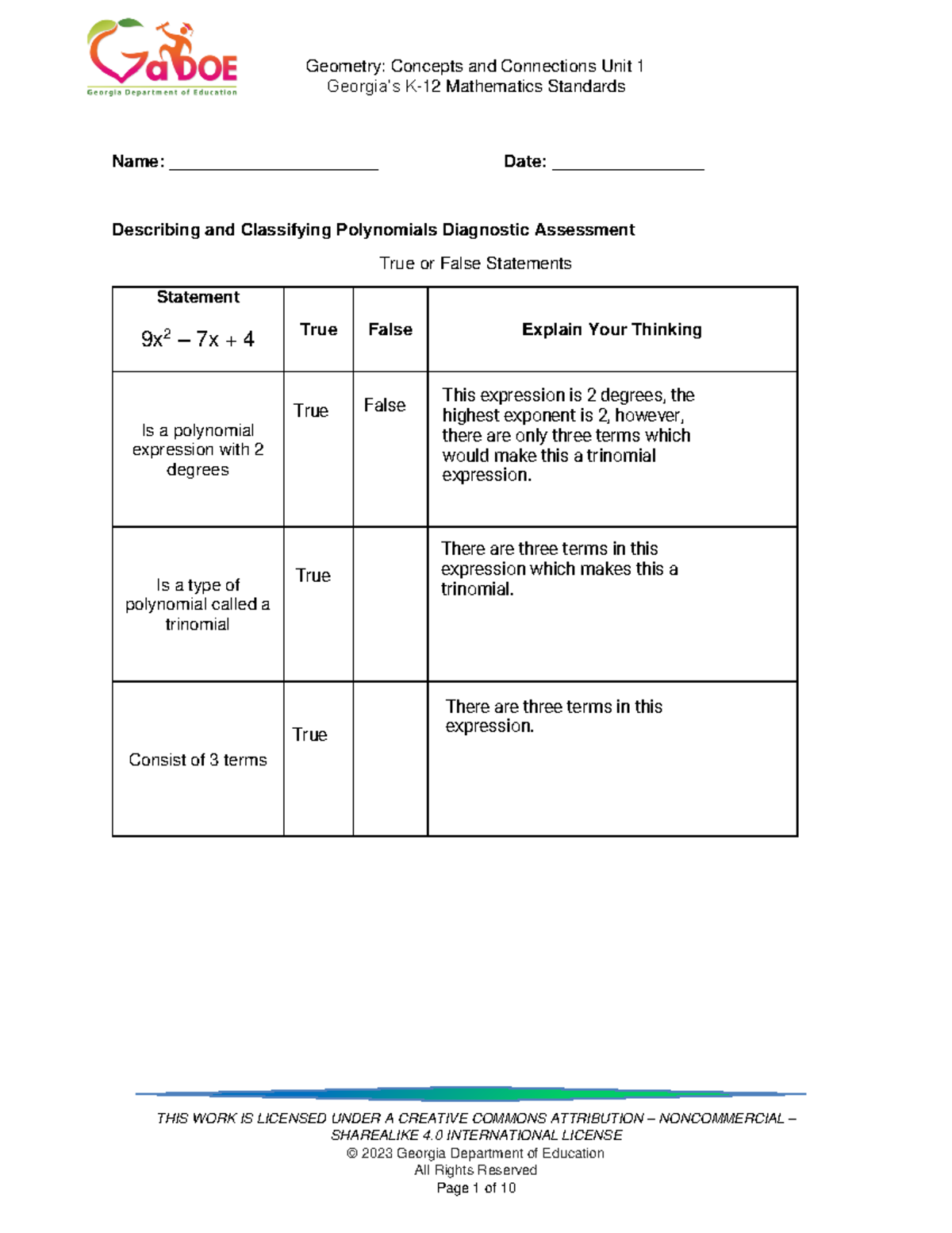 Describing and Classifying Polynomials Diagnostic - Geometry: Concepts ...