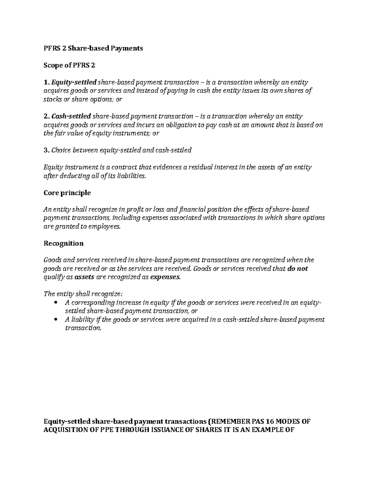 PFRS 2 Share-Based Payments Overview and Key Concepts - Studocu