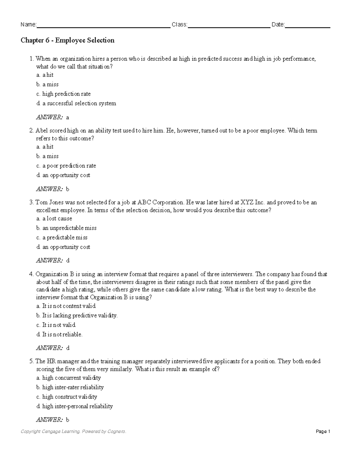 Chapter 6 Employee Selection: Key Concepts and Test Questions - Studocu