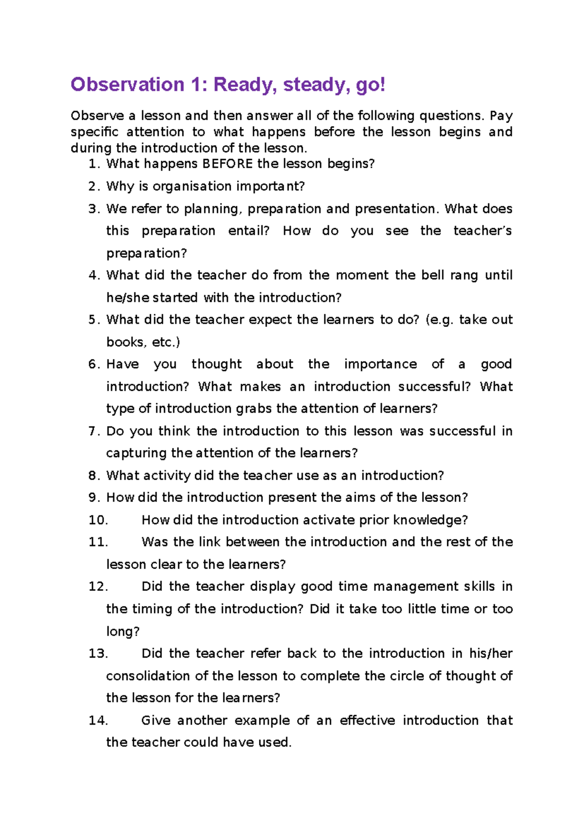 Reflective Notes on Lesson Observations: Insights and Assessments - Studocu
