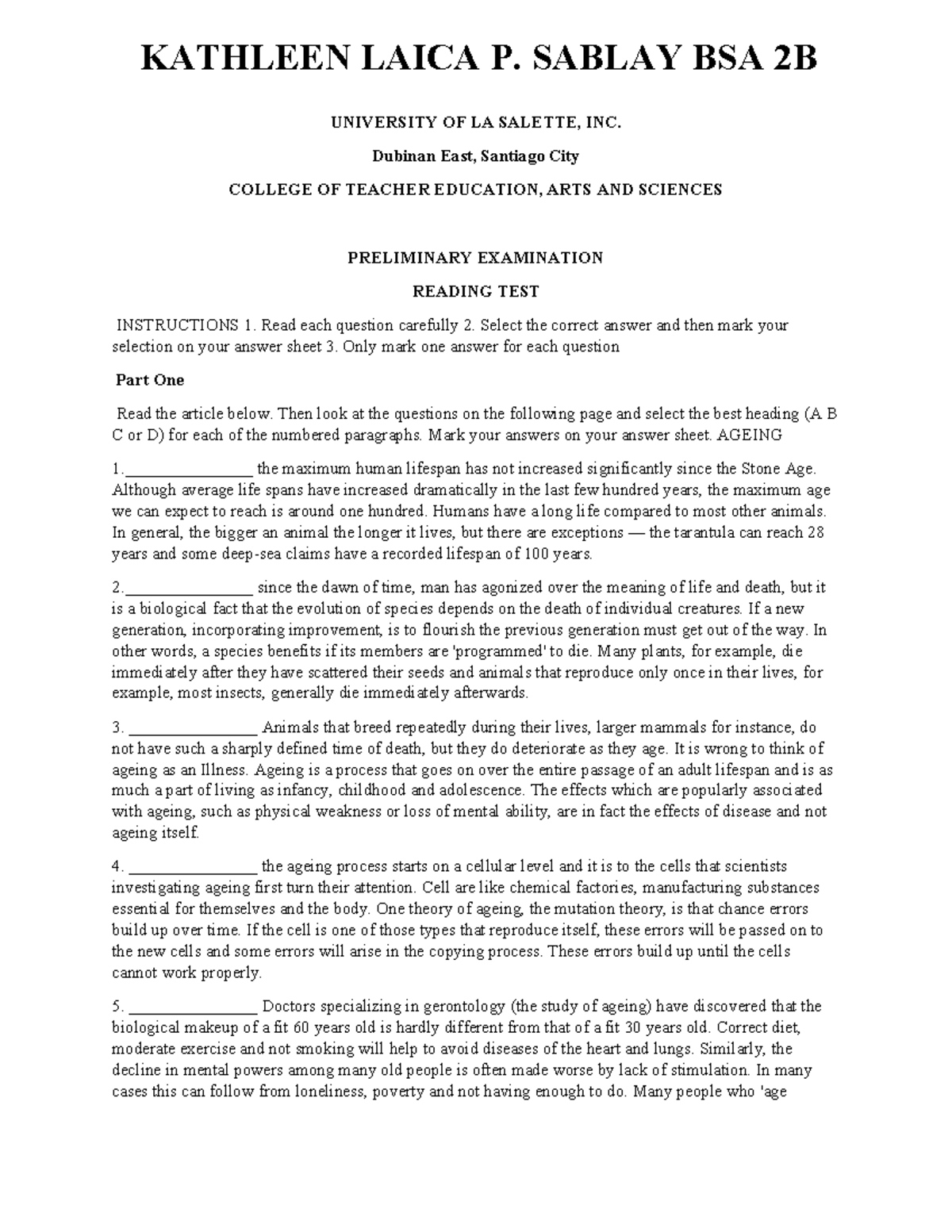 Prelim Exam - RTT: Reading Test on Ageing and Youth Crime Issues - Studocu