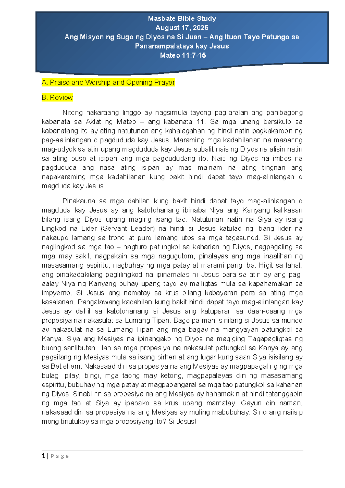 Masbate Bible Study: Ang Misyon ni Juan at Pananampalataya kay Jesus - Studocu