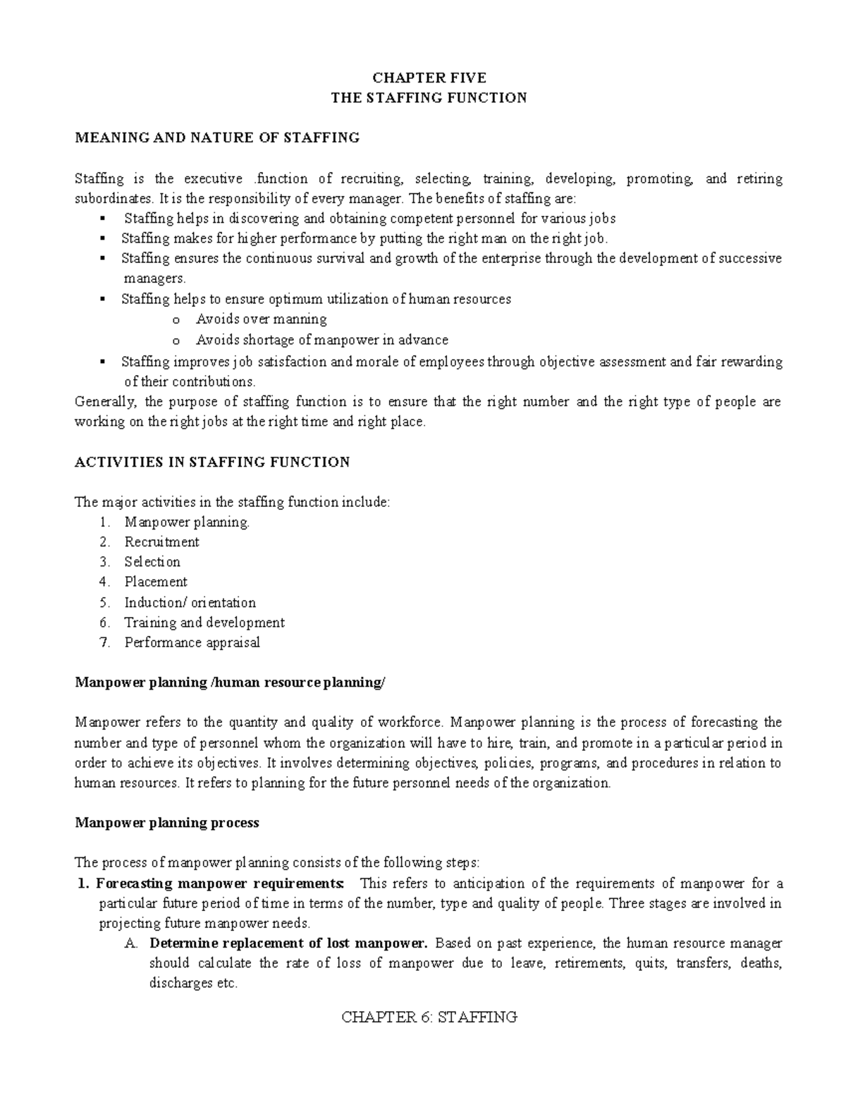 CHAPTER 6: STAFFING FUNCTION - MEANING, NATURE & ACTIVITIES - Studocu