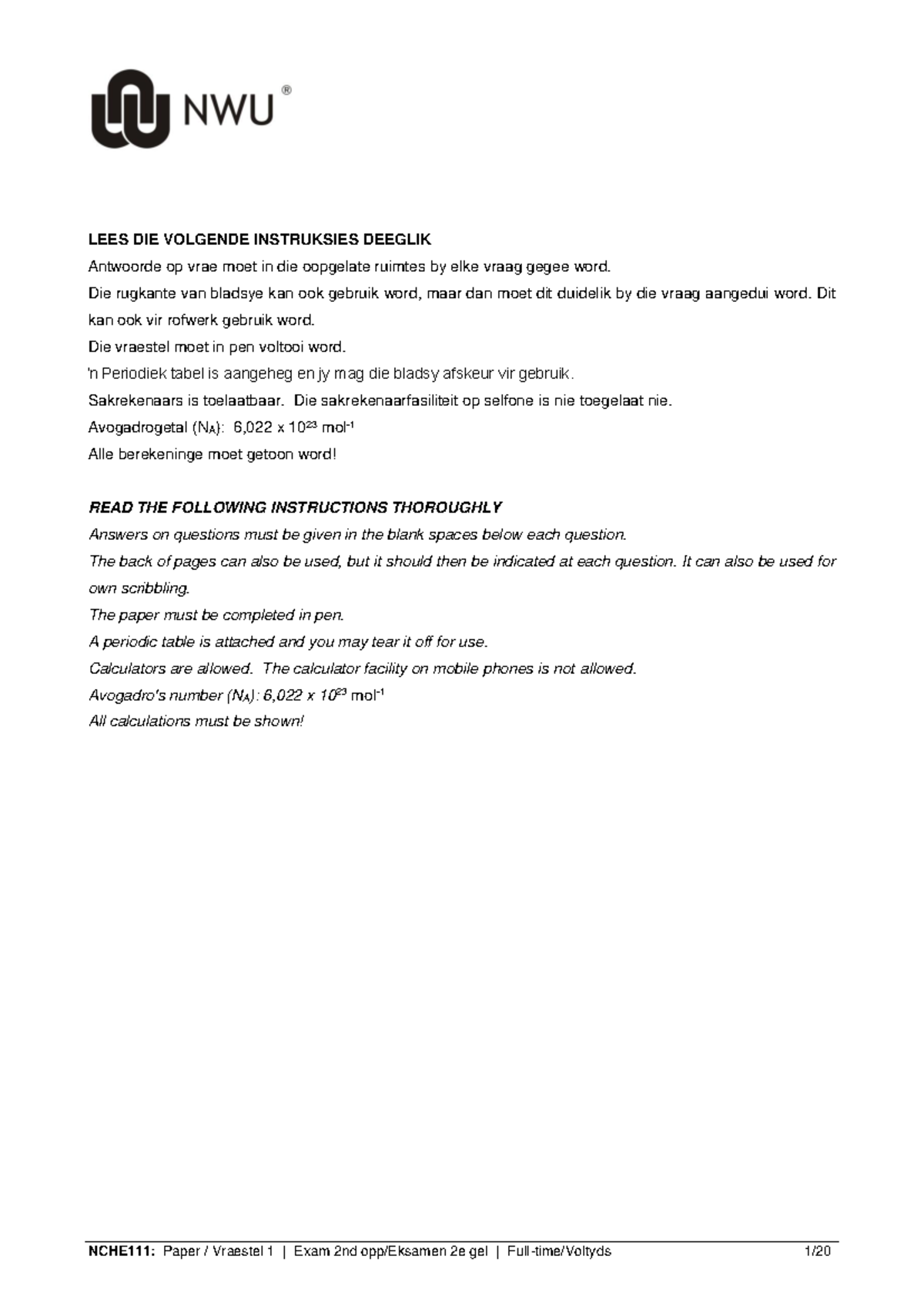 Paper 2 NCHE111 - LEES DIE VOLGENDE INSTRUKSIES DEEGLIK Antwoorde op ...
