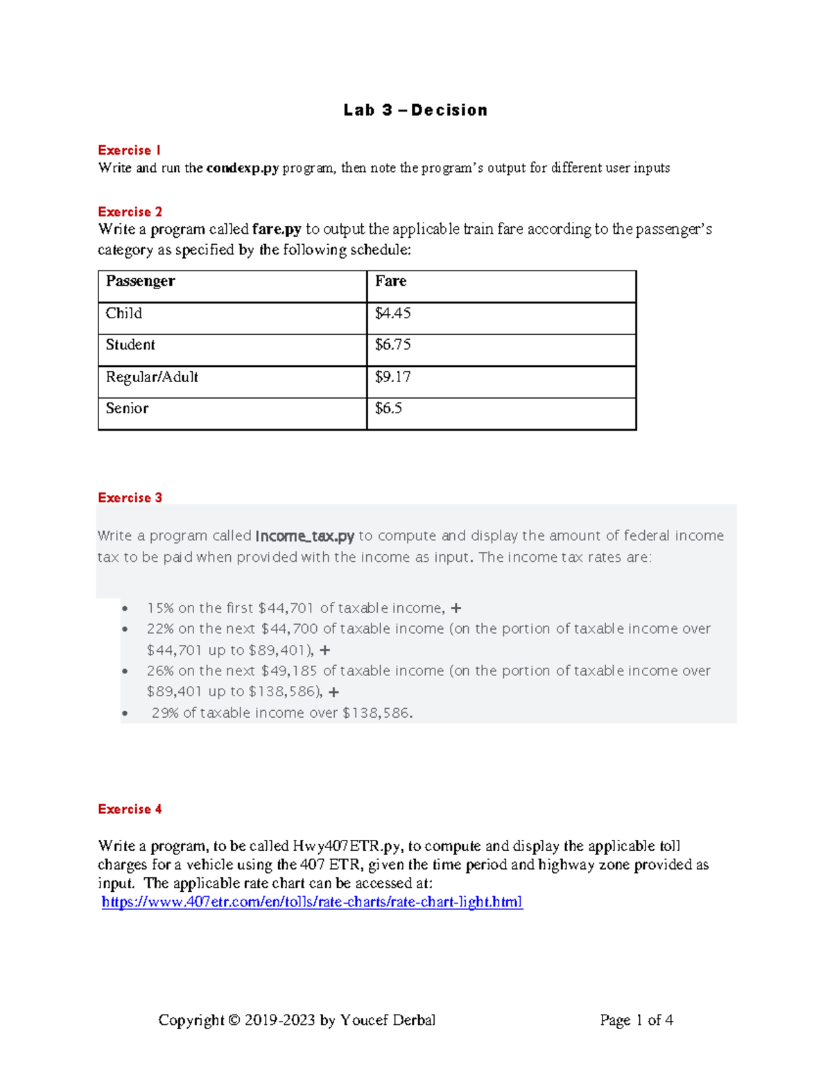 Lab 3 - Decision Exercises: condexp.py, fare.py, income_tax.py ...