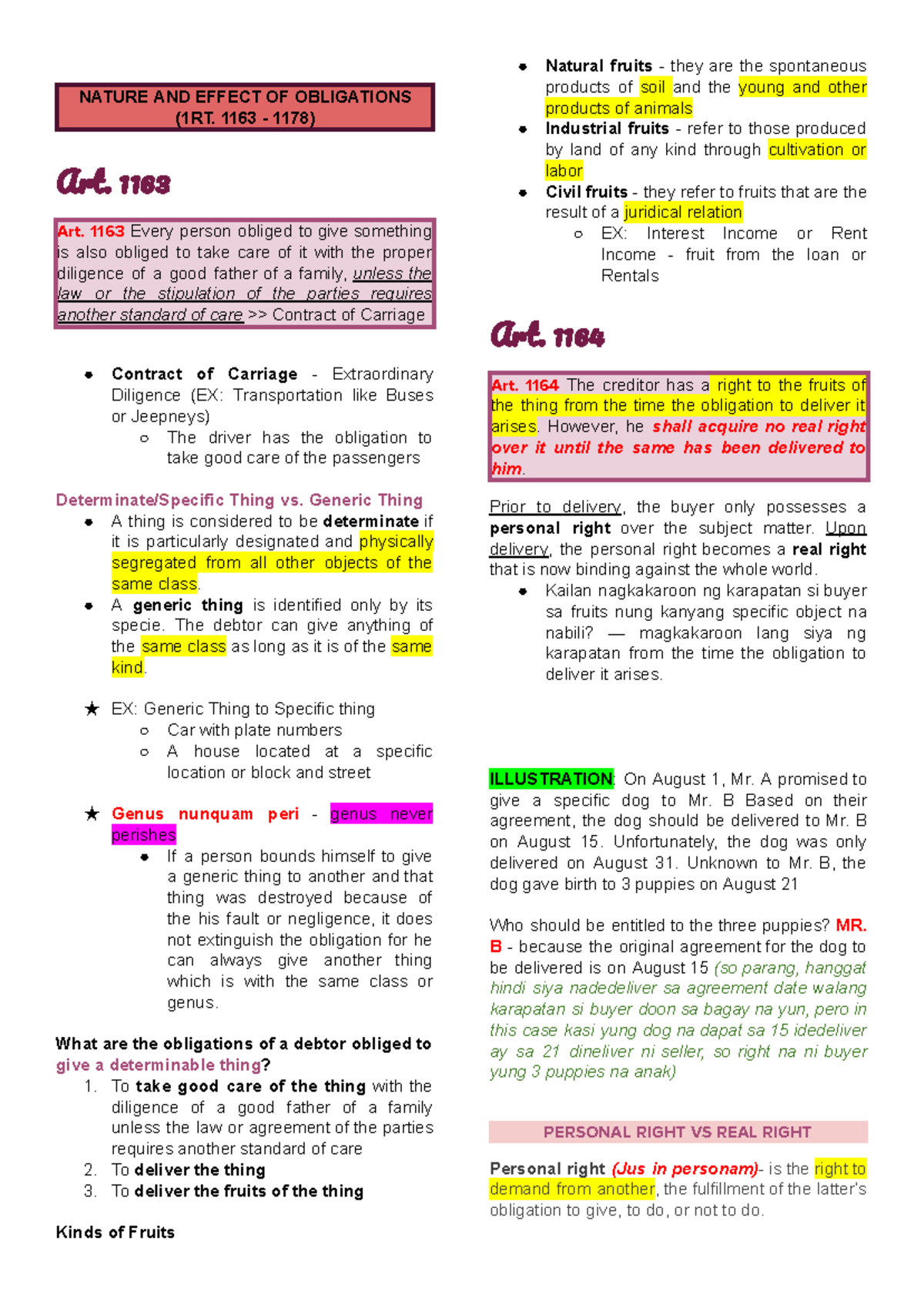 Article 1163 - 1178 - Additional Lecture Notes (Taglish) - NATURE AND ...