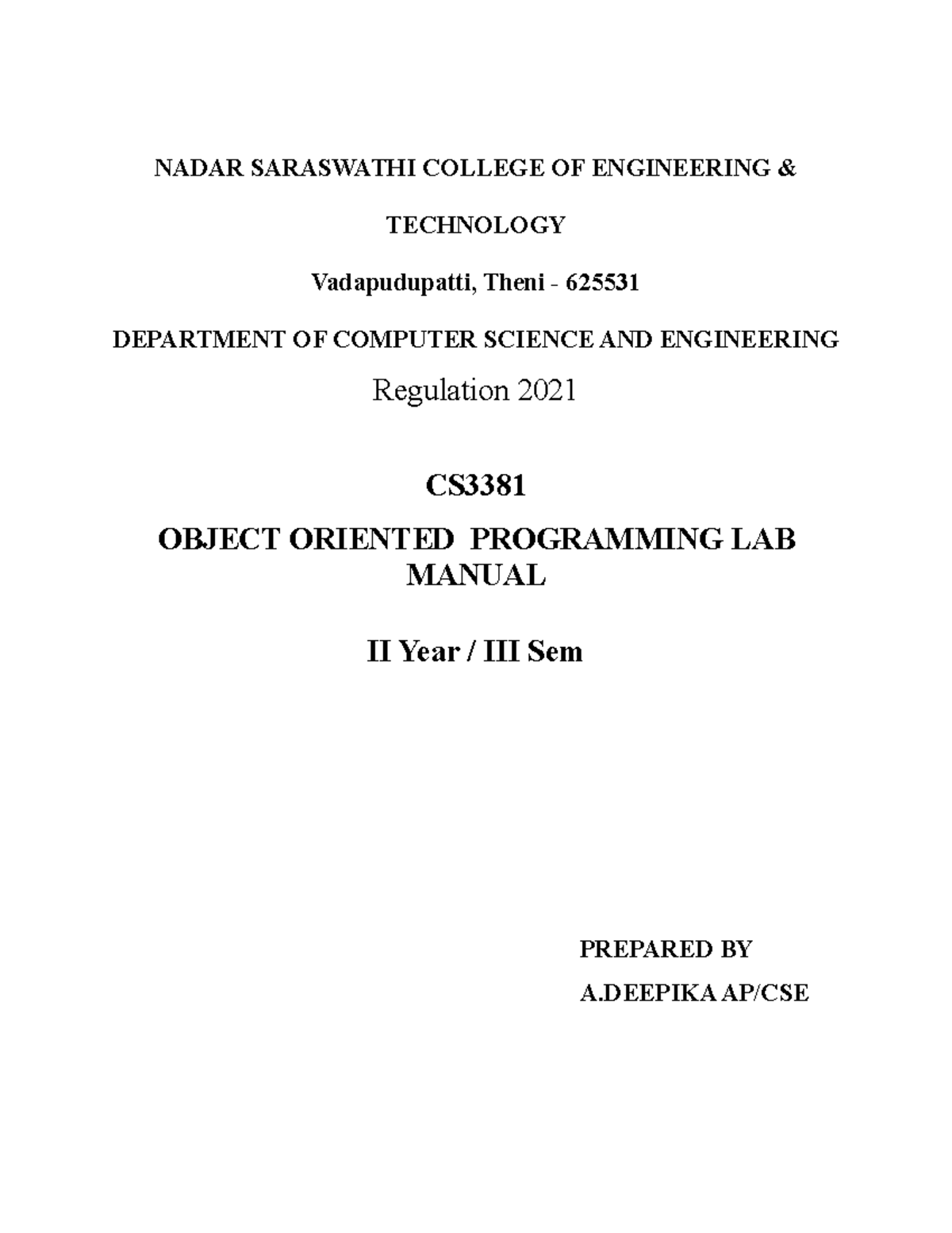 CS3391- OOP - LAB Manual - NADAR SARASWATHI COLLEGE OF ENGINEERING & TECHNOLOGY Vadapudupatti ...