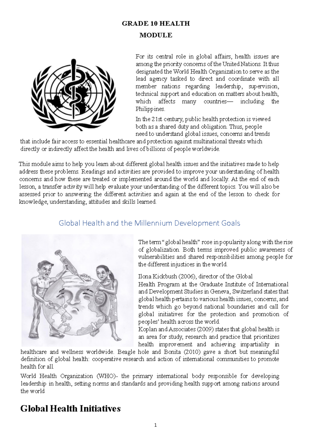 Grade 10 Health Module: Global Health Issues and Initiatives - Studocu