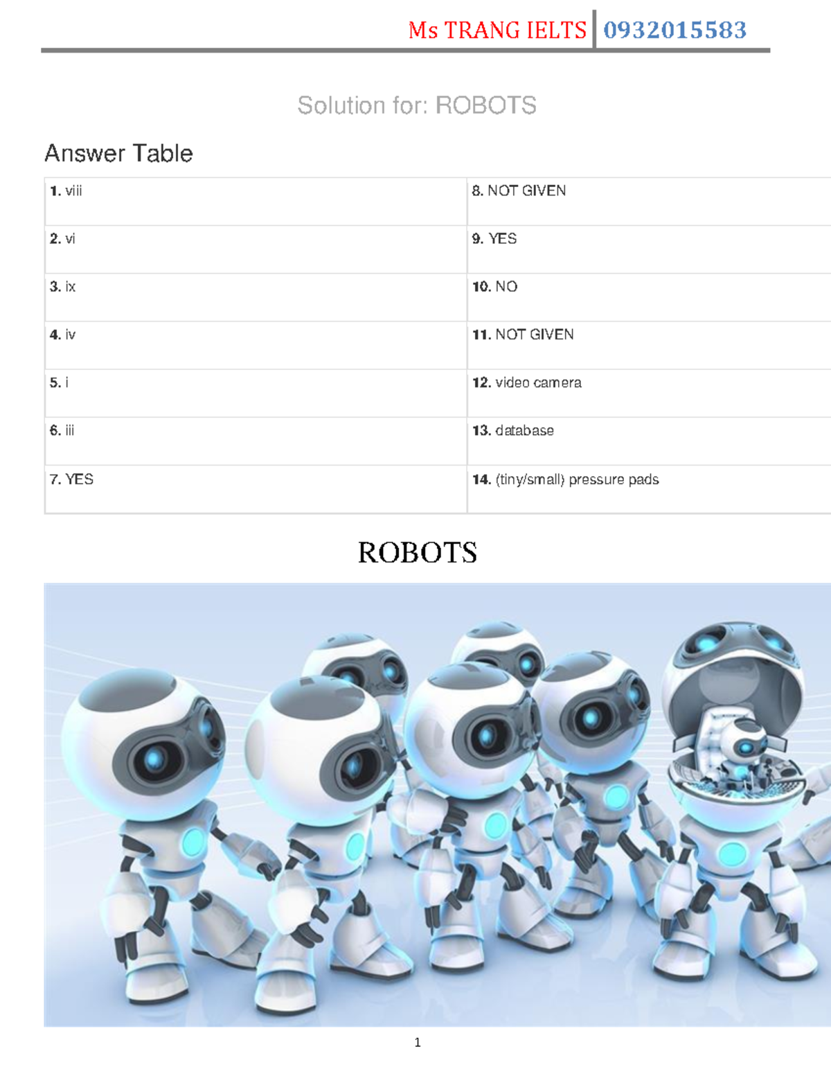 Ms TRANG IELTS 0932015583 Reading 20 Technology: ROBOTS Answer Key ...