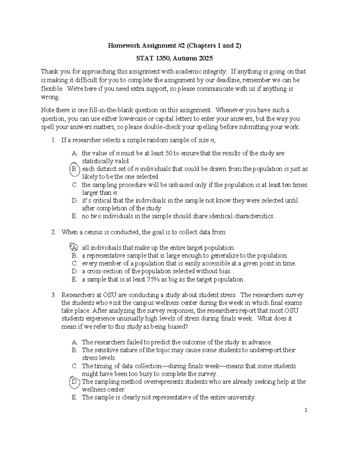 Homework Assignment on Chapters 1 & 2 - STAT 1350 AU25 - Studocu