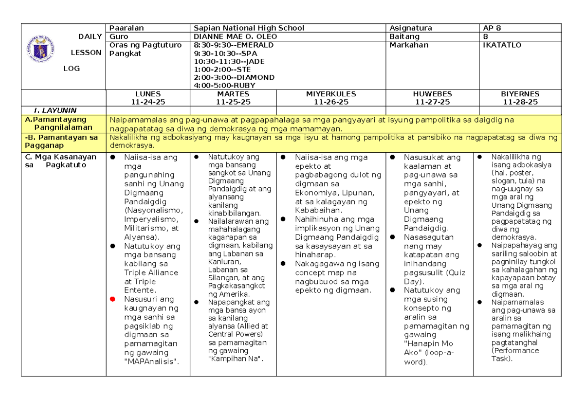 DAILY LESSON PLAN: Unang Digmaang Pandaigdig (AP 8) - Studocu