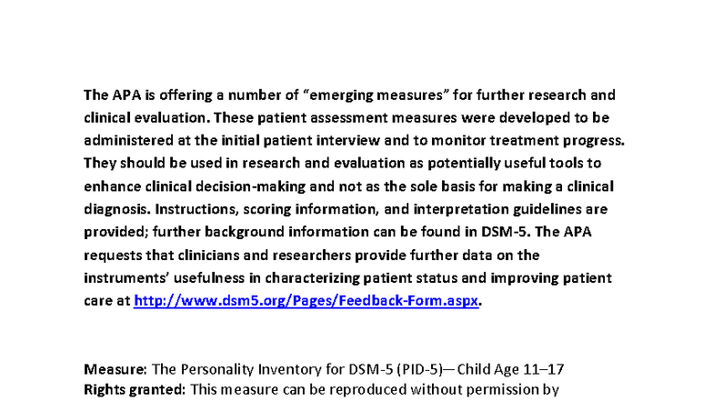 APA DSM5 Personality Inventory for Ages 11-17: Full Version - Studocu