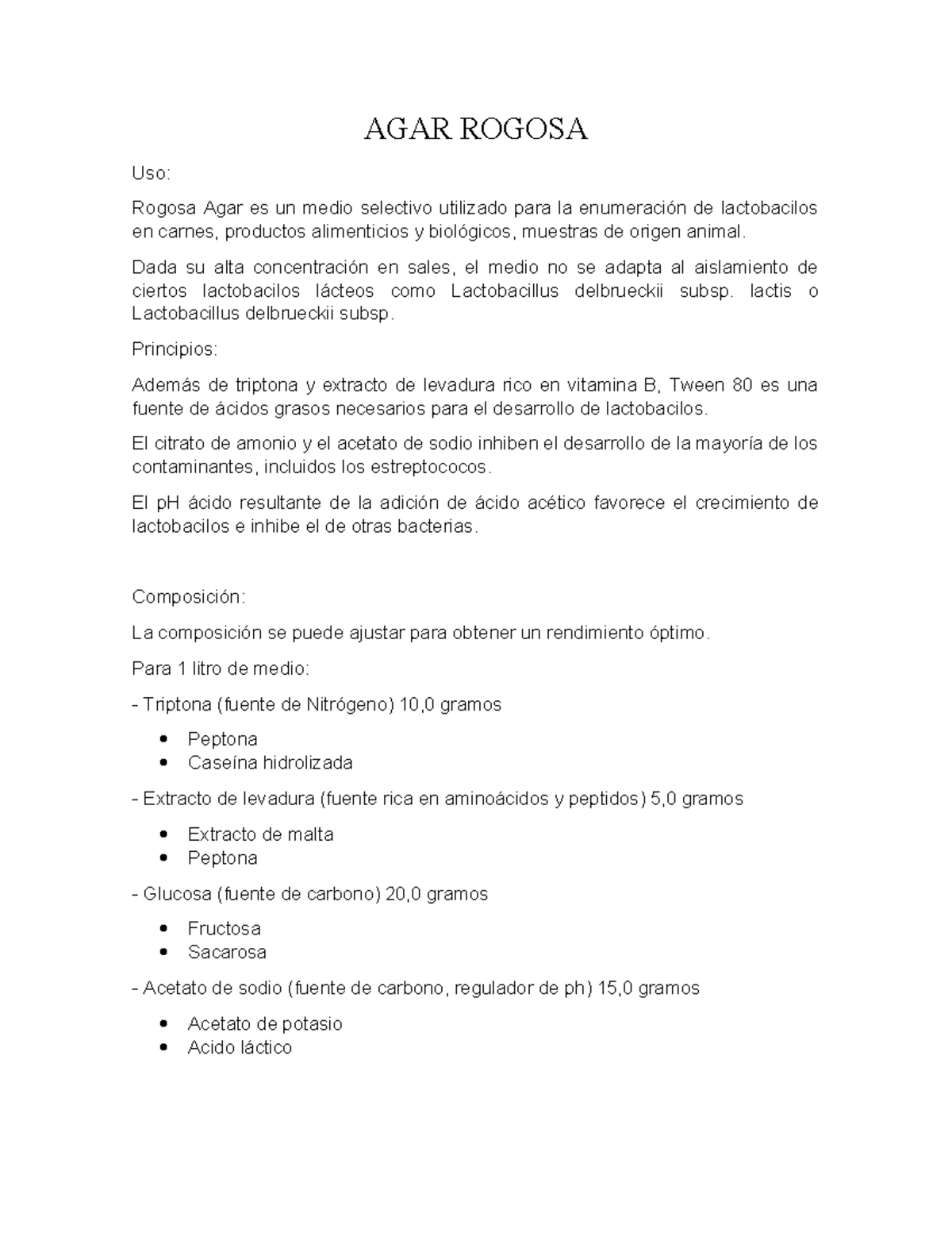 AGAR Rogosa - AGAR ROGOSA Uso: Rogosa Agar es un medio selectivo ...