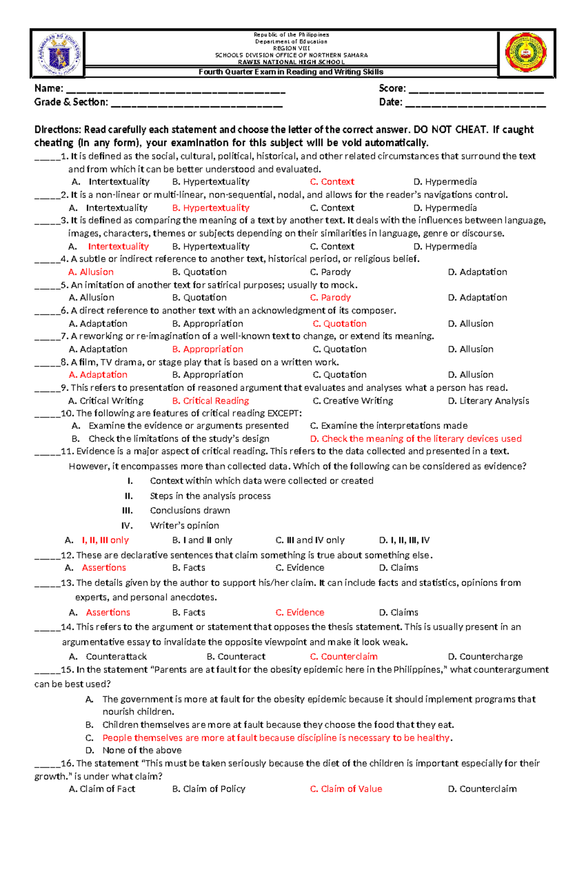 RWS 2nd Quarter Exam Review with Answers for Students - Studocu