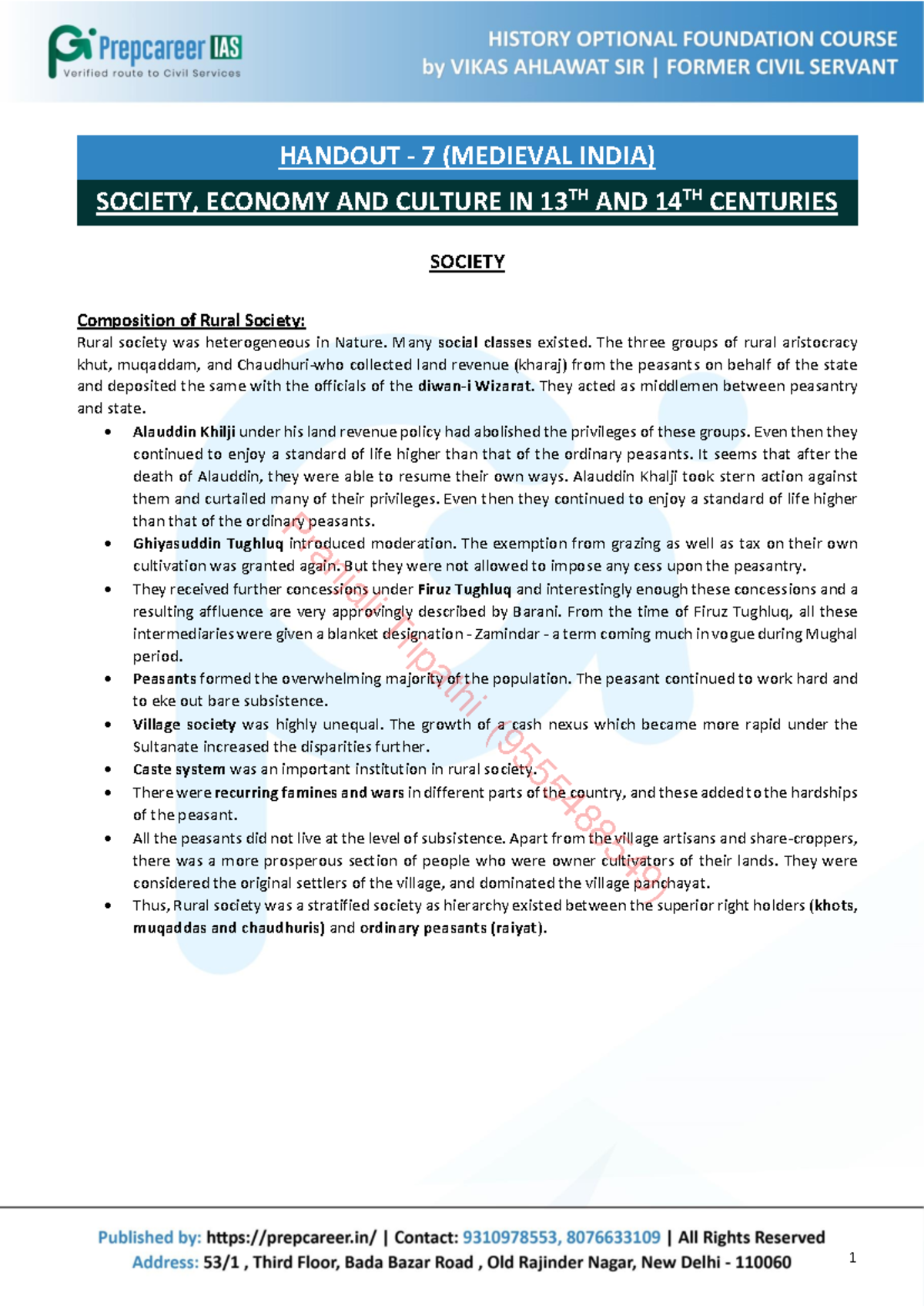 Handout 7 (MEDIEVAL INDIA): Society, Economy & Culture in 13th-14th ...