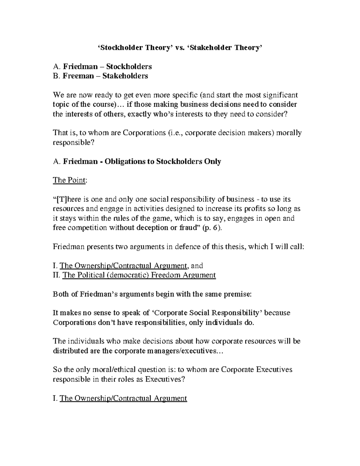 friedman and freeman - ‘Stockholder Theory’ vs. ‘Stakeholder Theory’ A ...