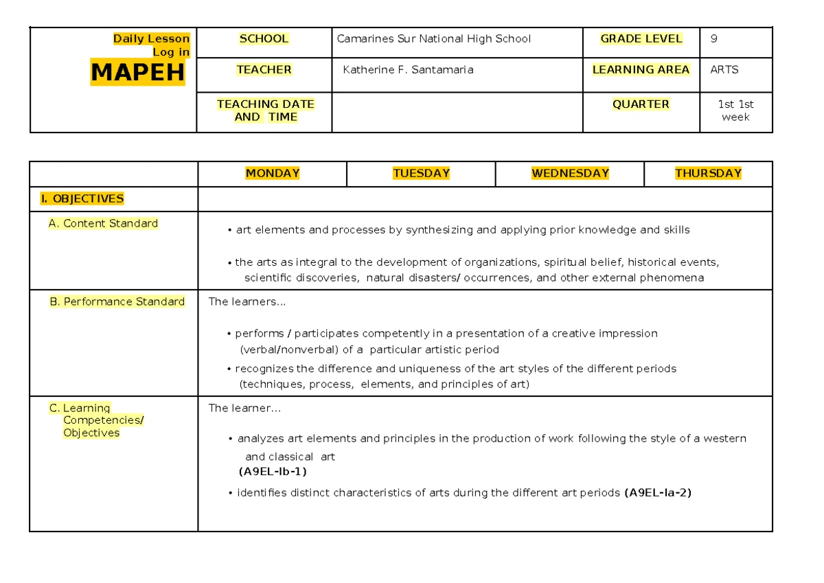 Q1 Grade 9 MAPEH PE Daily Lesson Log - Week 2 by K. Santamaria - Studocu