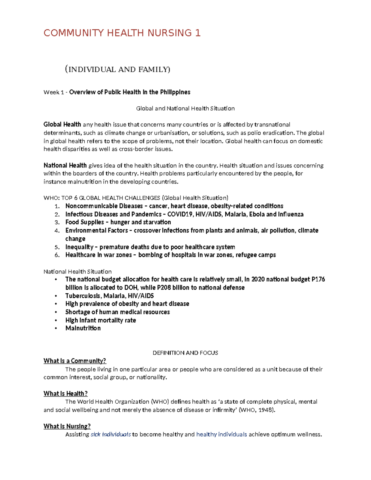 Topic 1 CHN 1 Handouts - CHN - COMMUNITY HEALTH NURSING 1 (INDIVIDUAL ...