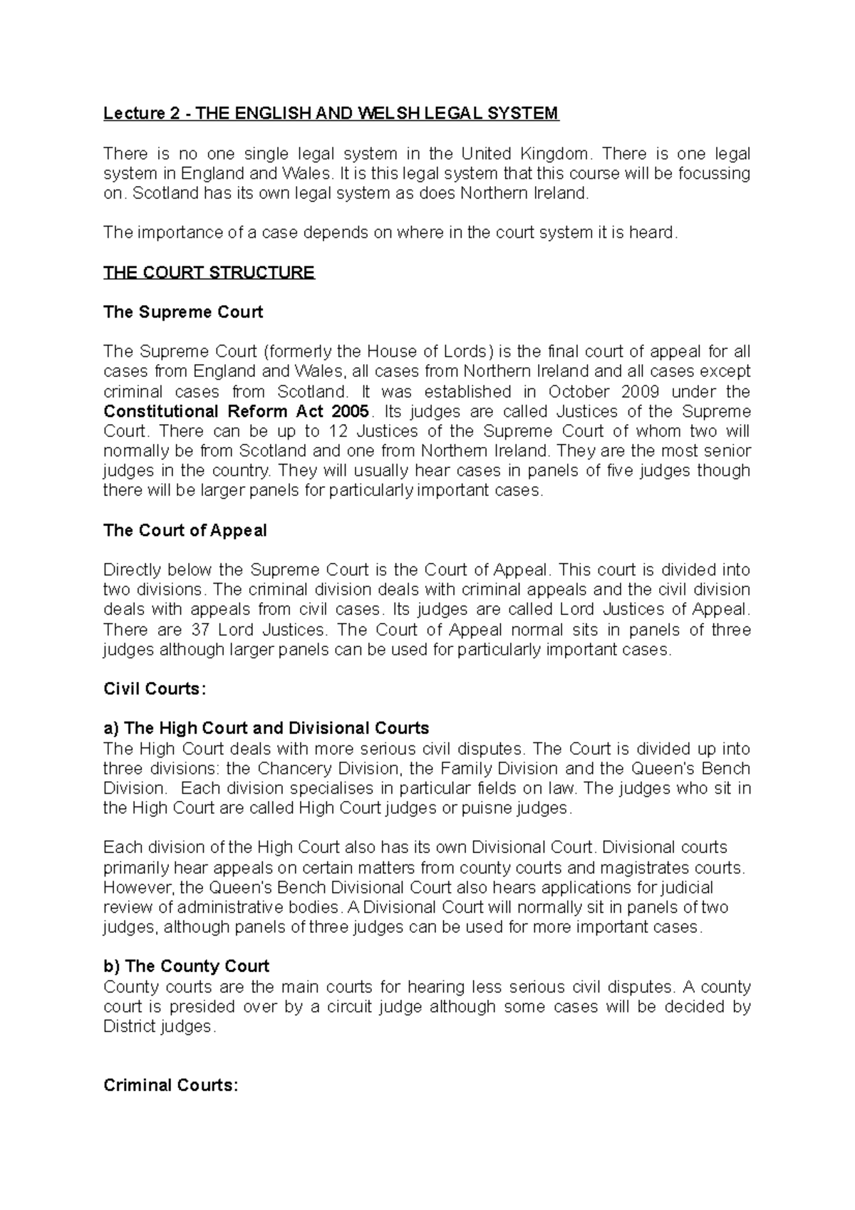 Week 2. Law in Action - Lecture notes 2 - Lecture 2 - THE ENGLISH AND ...