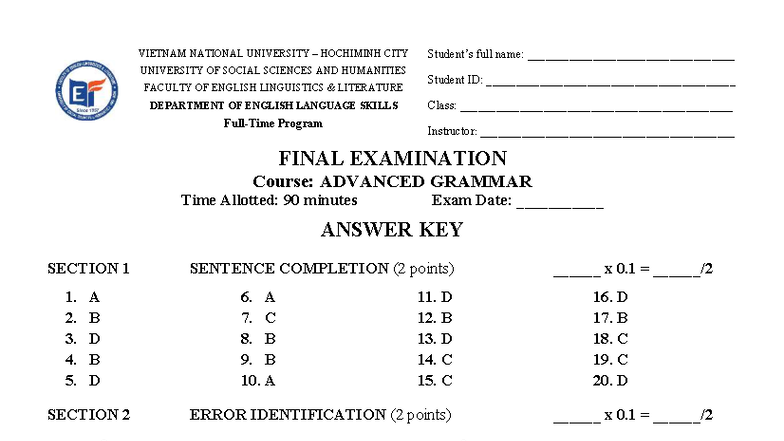 ADVANCED GRAMMAR FINAL EXAM ANSWER KEY (Course Code: 15) - Studocu