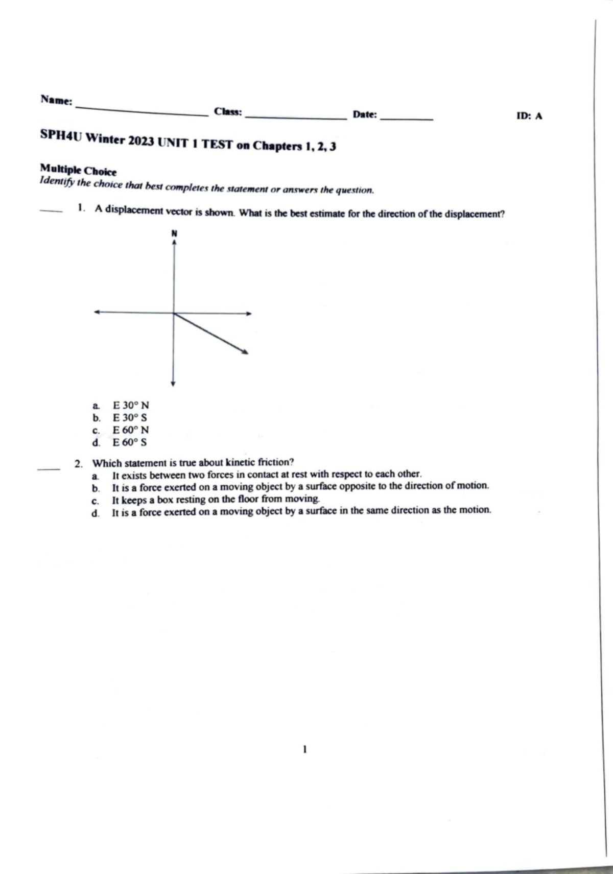 Test 1 - SPH4U - Multiple Choice & Short Answer Questions - Studocu
