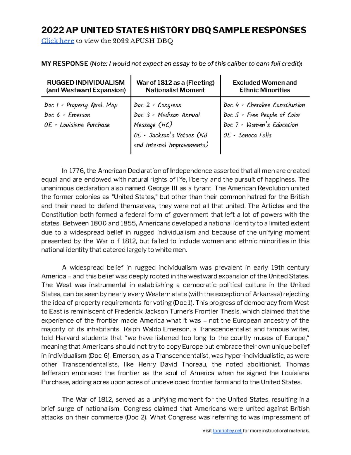 2022 APUSH DBQ Sample Responses & Analysis on National Identity - Studocu