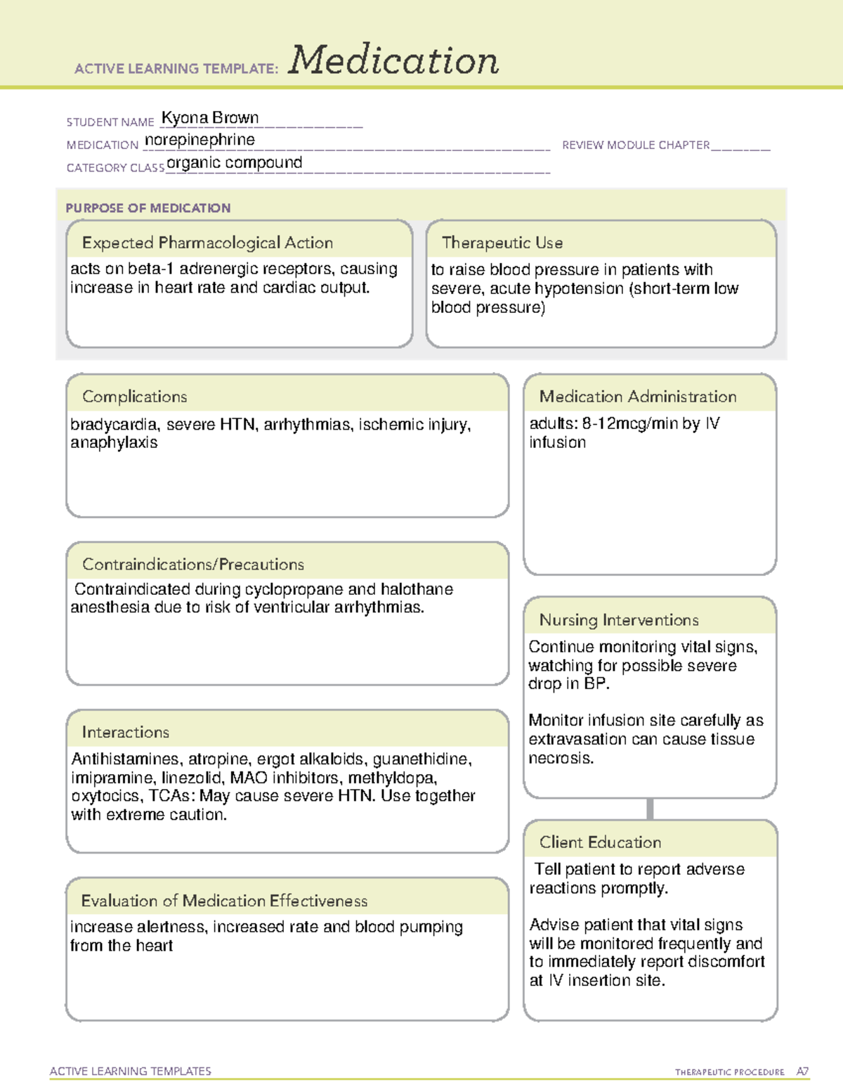 Norepinephrine Drug Card - Therapeutic Procedures Overview - Studocu