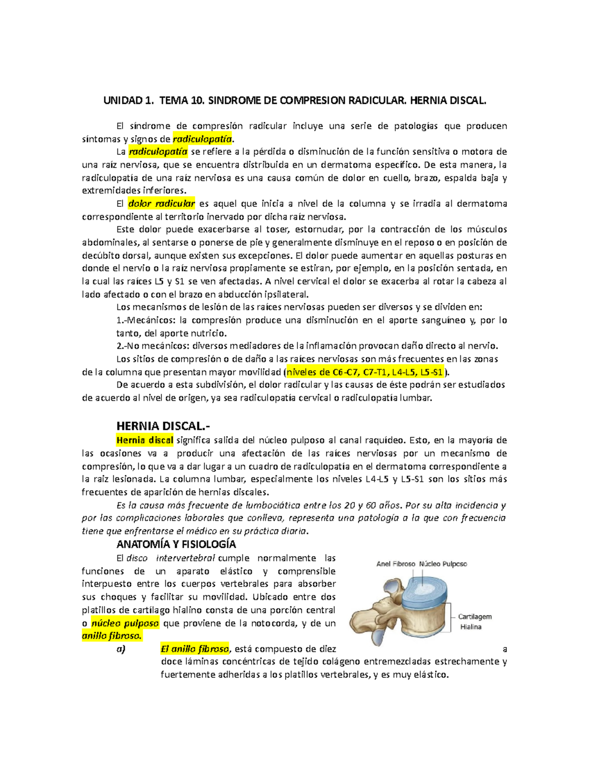 Unidad 1 TEMA 10: Compresión Radicular y Hernia Discal - Studocu