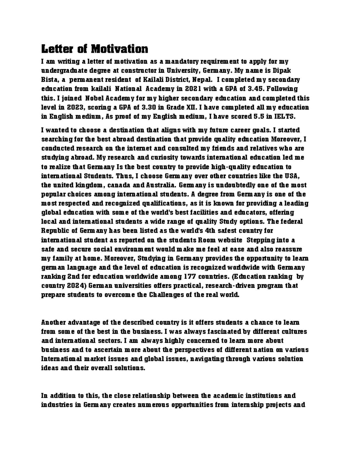 Motivation Letter for Undergraduate Degree Application - Studocu