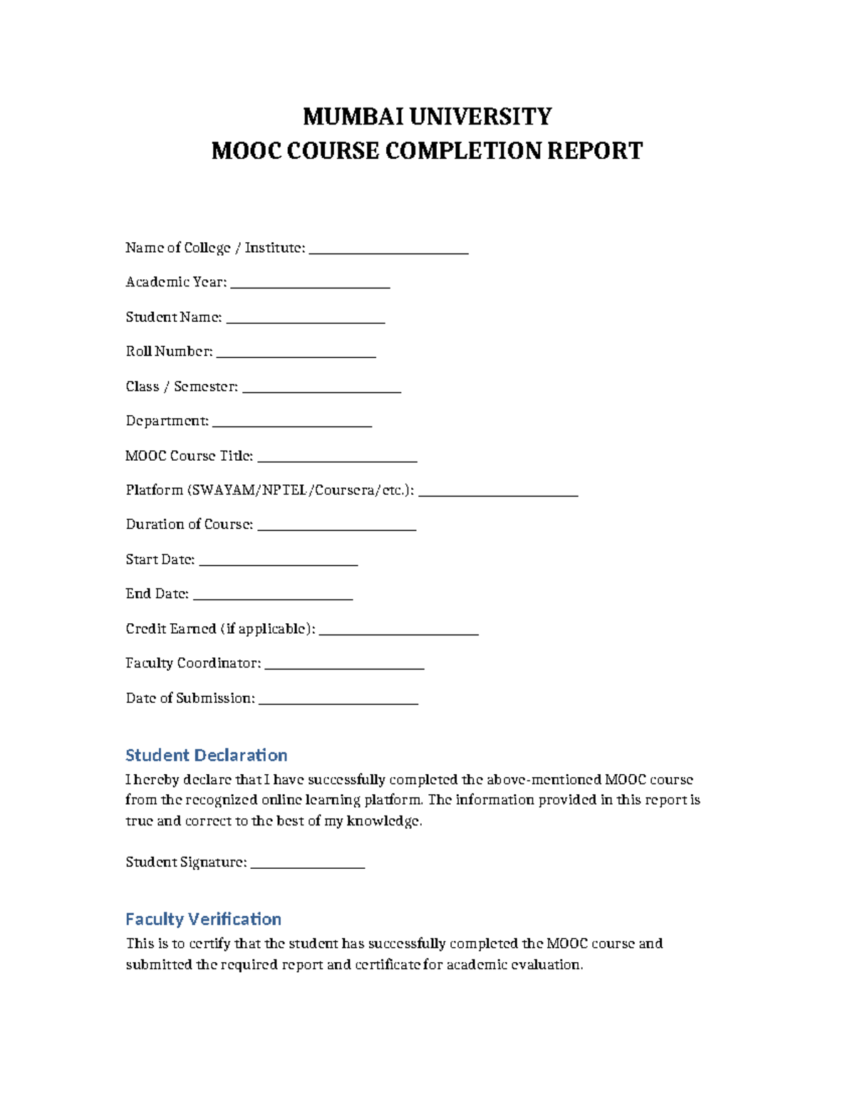 Mumbai University MOOC Course Completion Report Template - Studocu