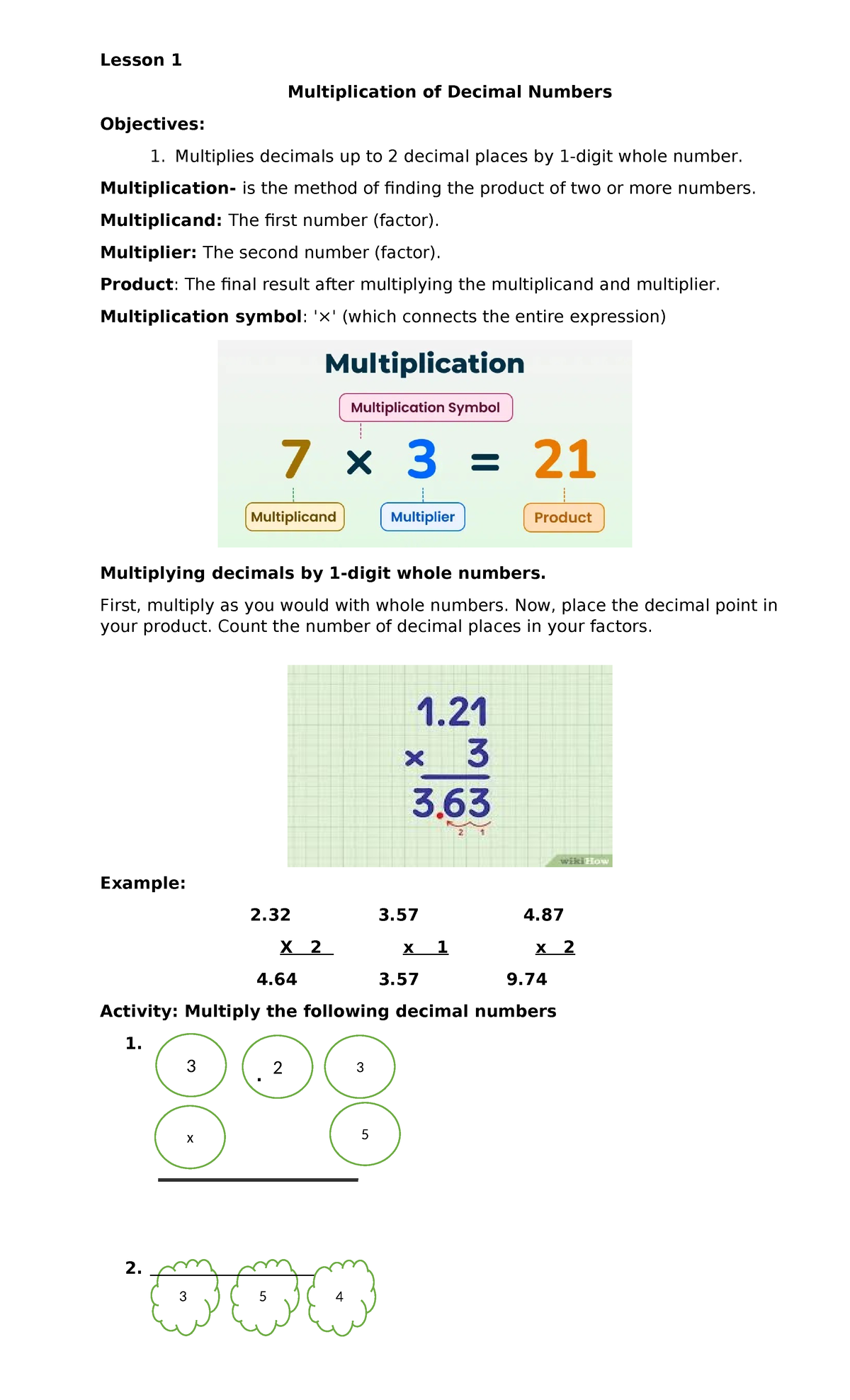 Grade 5 Math Lesson 1: Multiplication of Decimal Numbers - Studocu