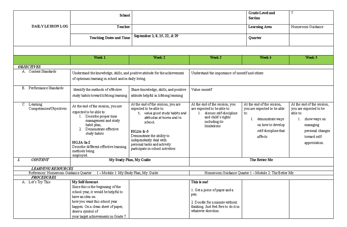 DLL-HGP September G7 - Homeroom Guidance Week 1 Overview - Studocu