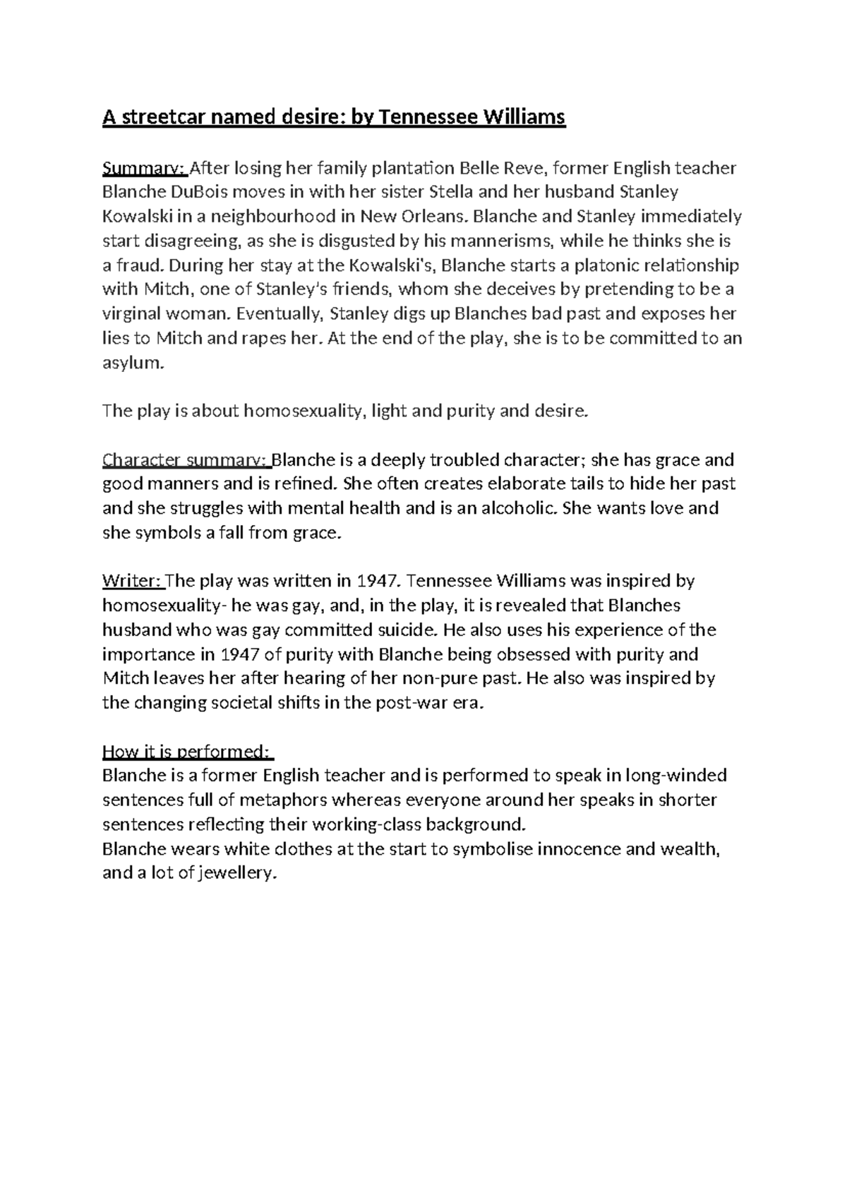 A Streetcar Named Desire: Summary & Character Analysis - Studocu