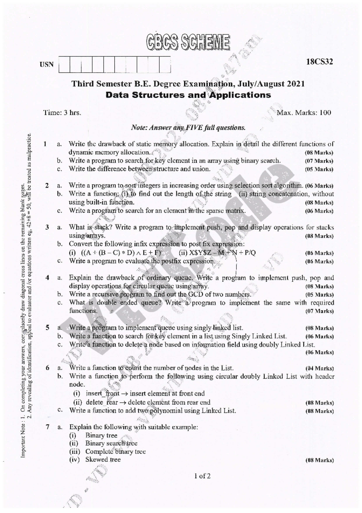 18CS32 Aug 2021 - Previous Year QP - CBCS USN 18CS32 Third Semester B ...