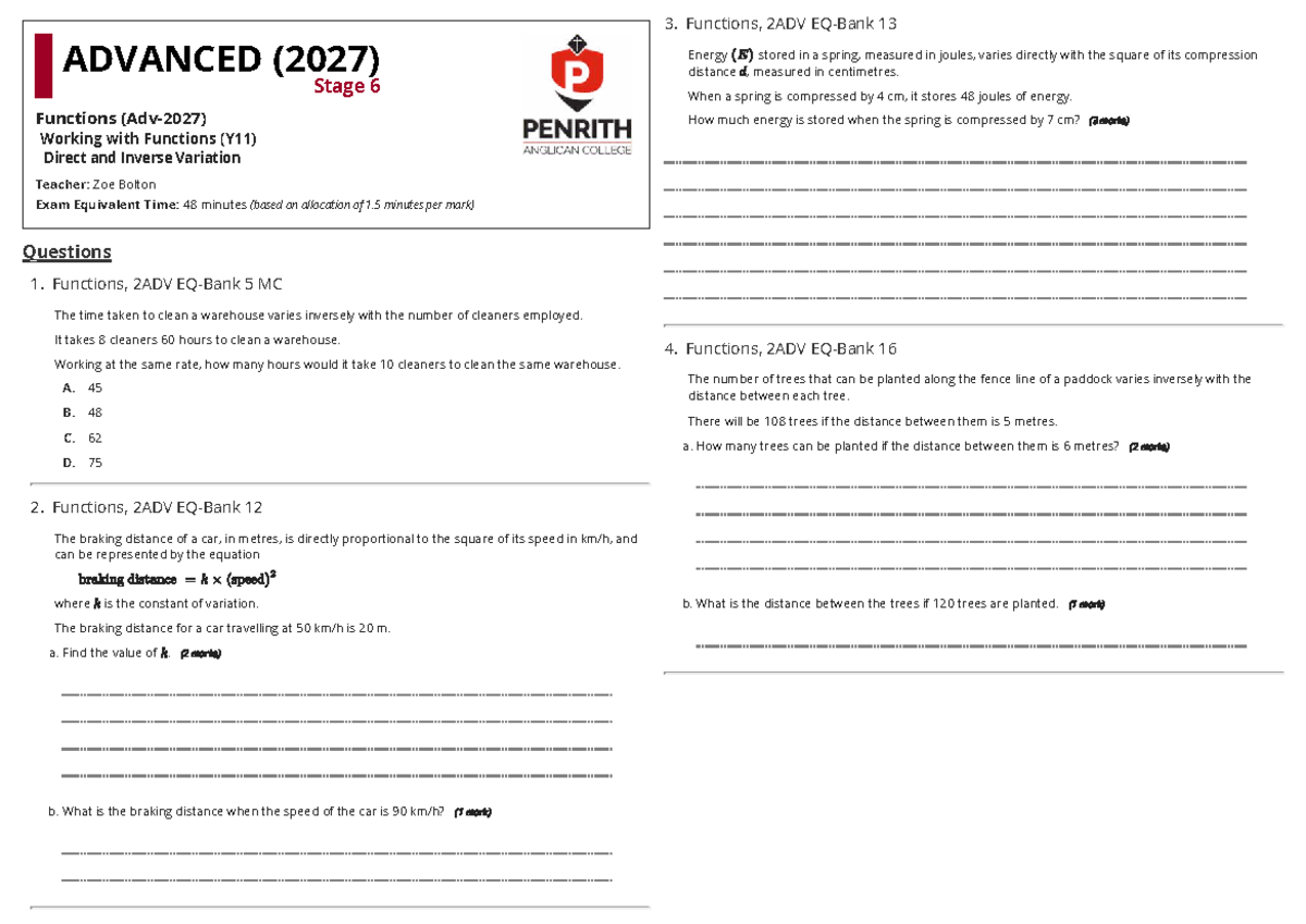 Functions 2ADV Direct and Inverse Variation Study Notes - Studocu