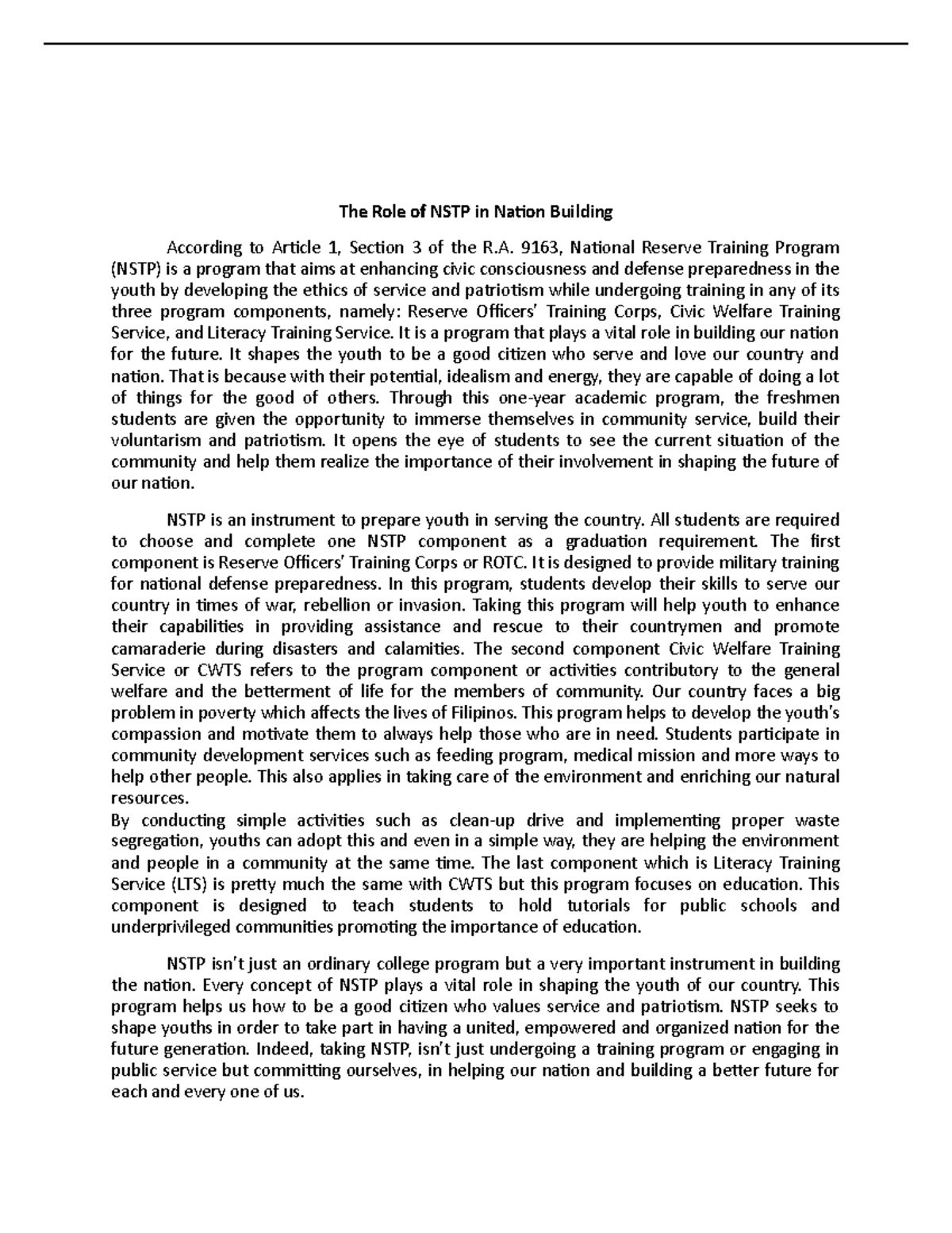 NSTP 101: The Vital Role of NSTP in Building Our Nation - Studocu