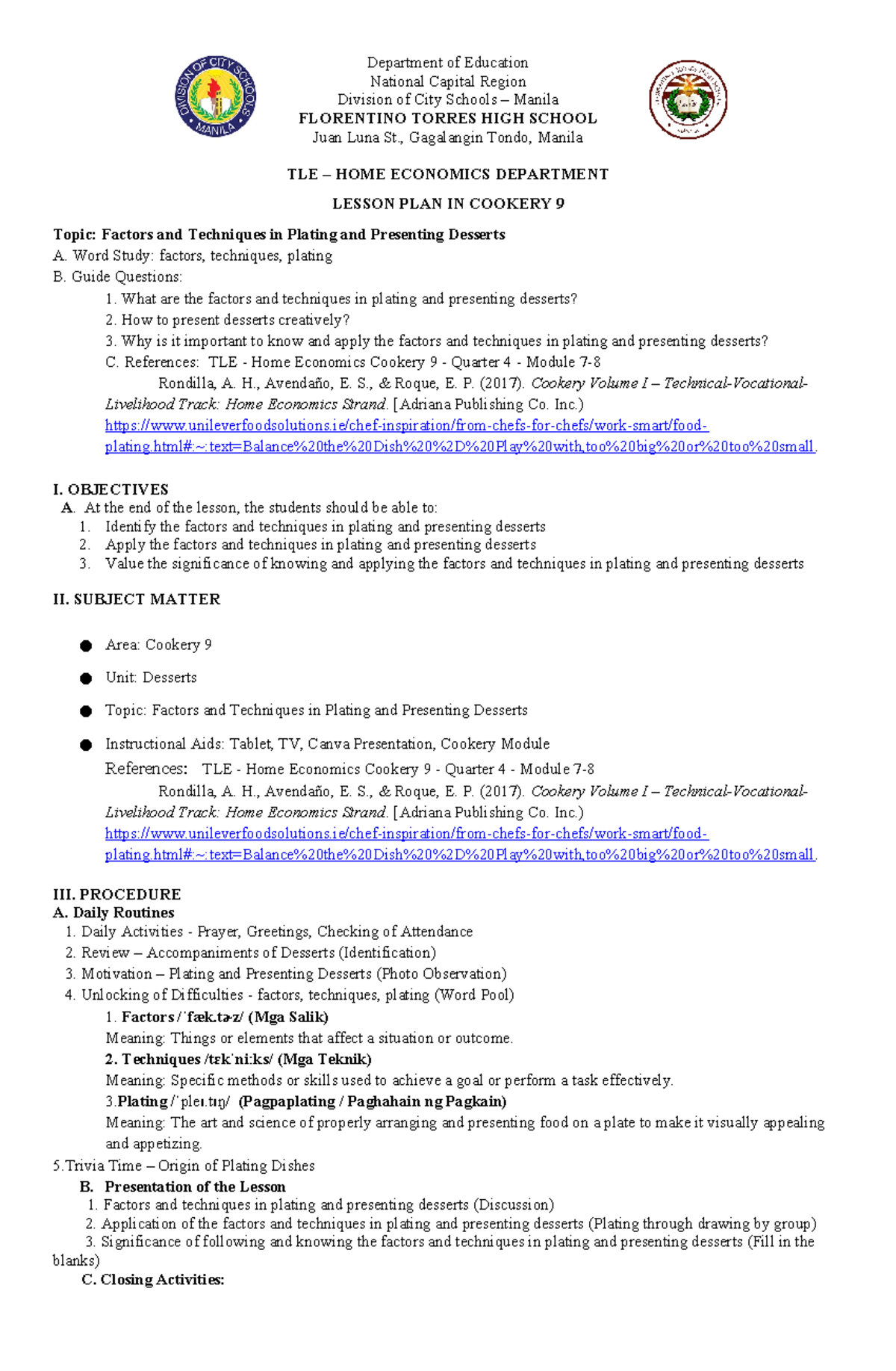 Factors & Techniques in Plating Desserts - TLE Cookery 9 Lesson Plan ...