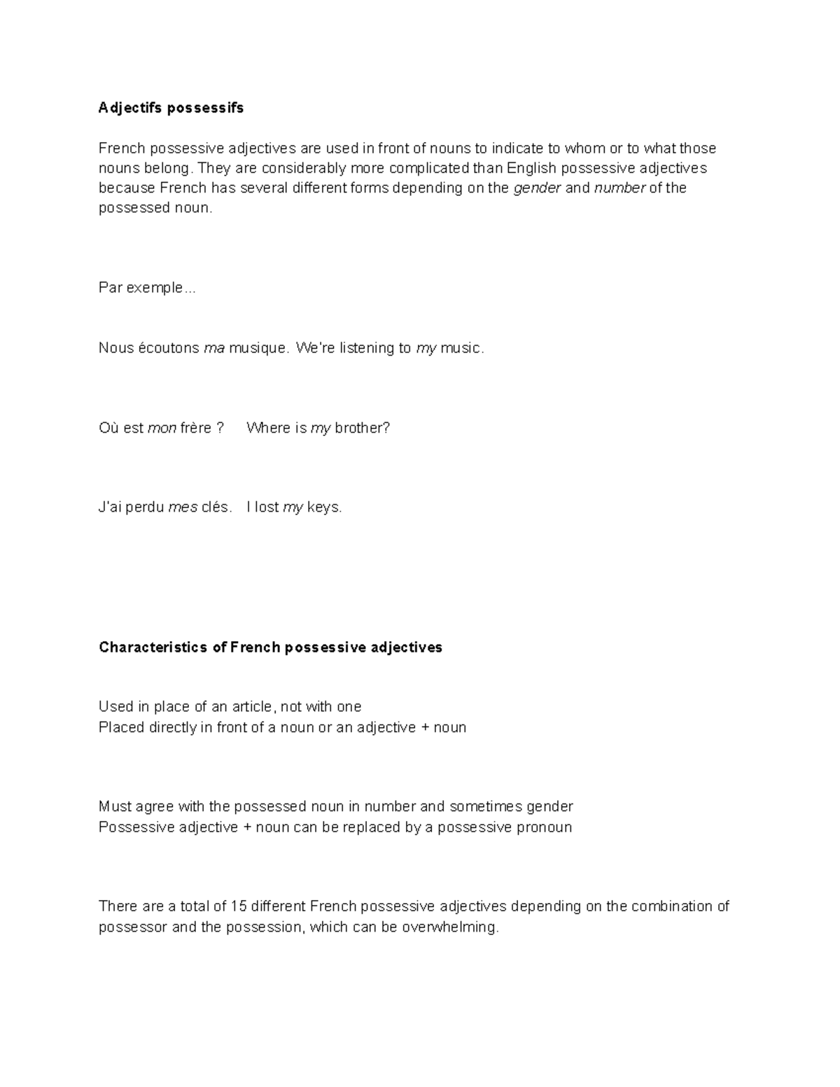Adjectifs Possessifs en Français: Guide d'Étude 6 - Studocu