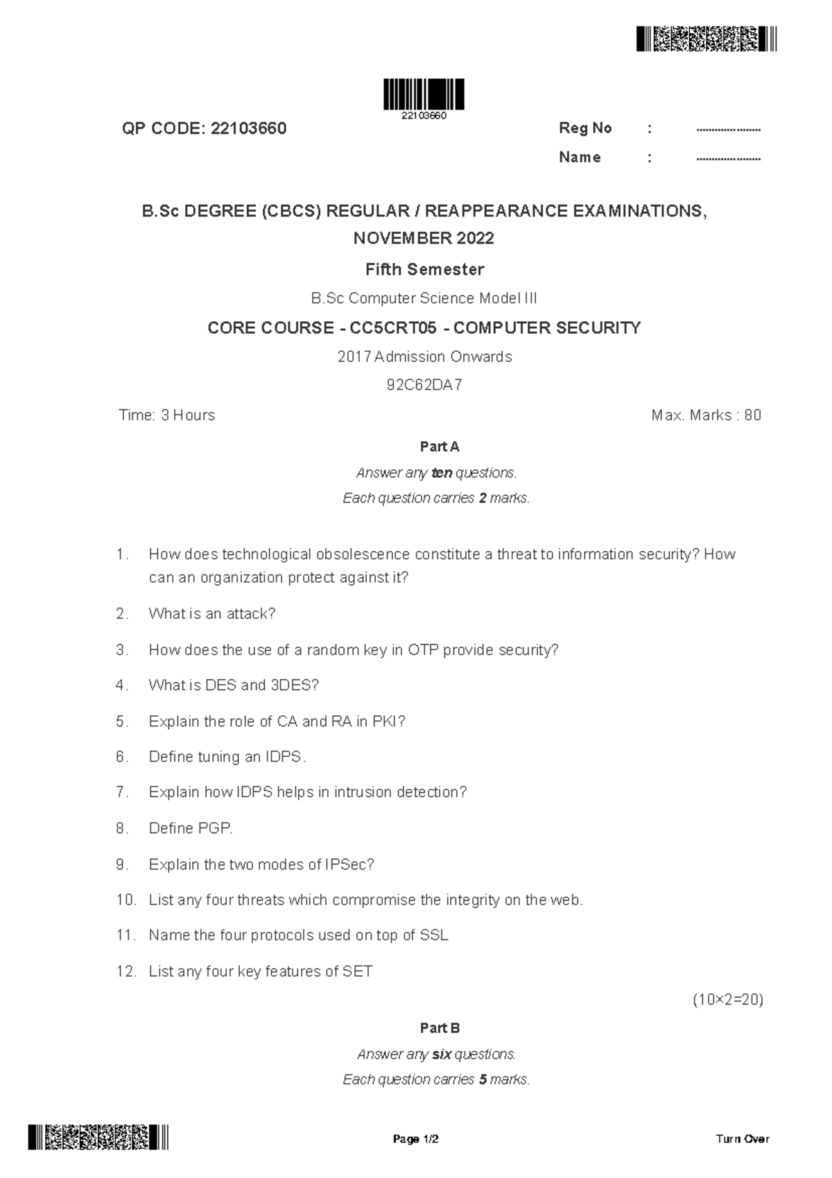 B.Sc Computer Science CC5CRT05 Computer Security Nov 2022 Exam QP - Studocu